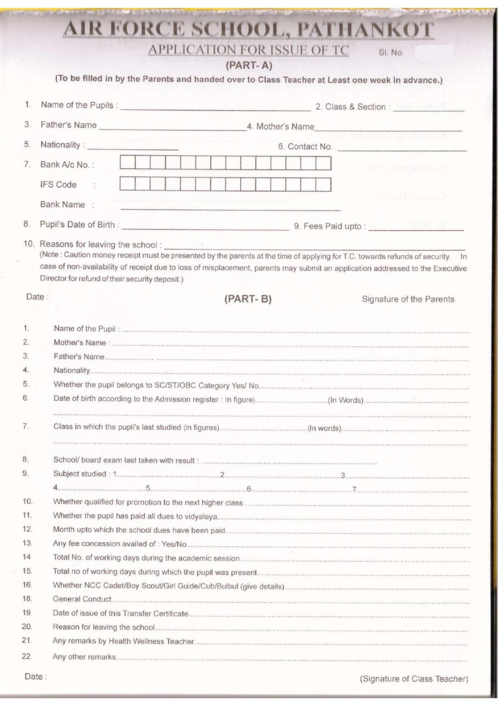 TC Form - Air Force School Pathankot