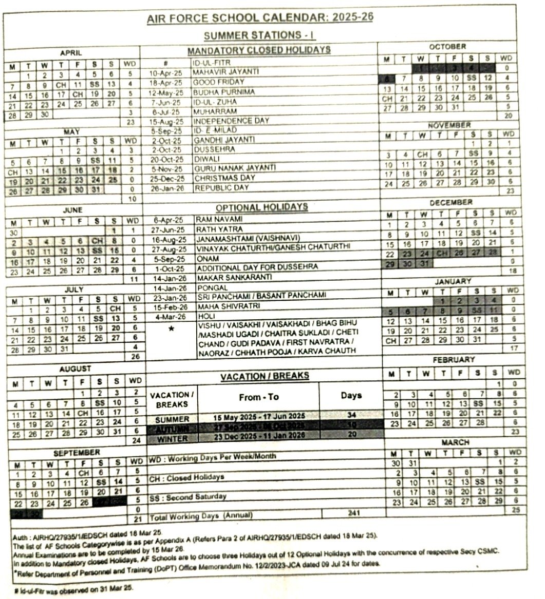 SCHOOL CALENDAR - Air Force School Pathankot